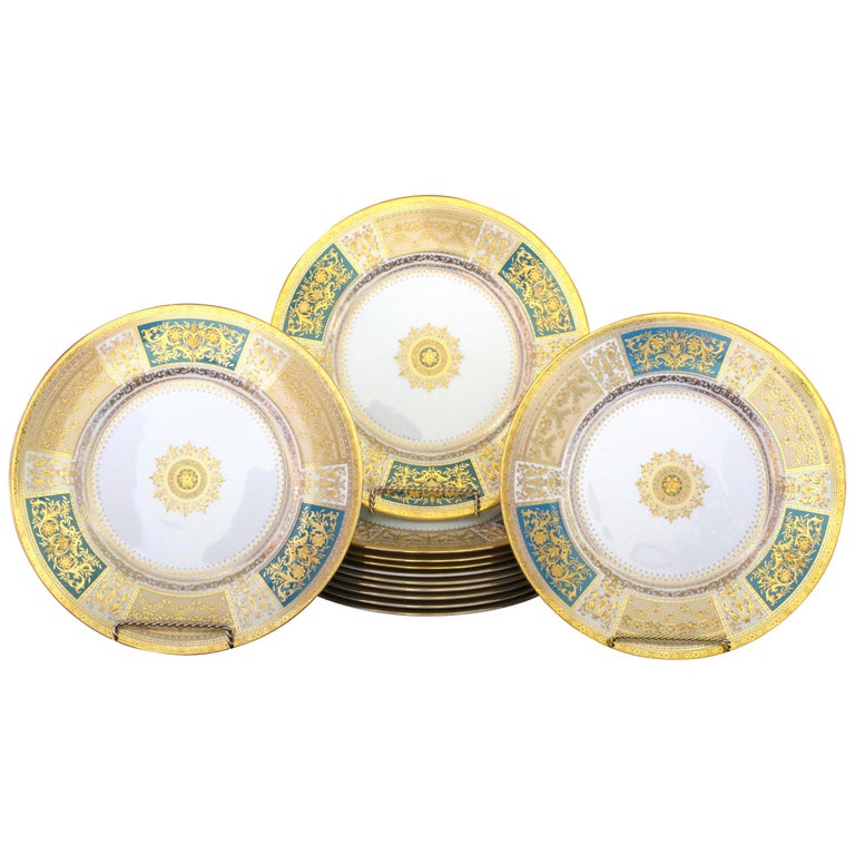 13 Minton for Tiffany Master-Gilder Turquoise Plates For Sale at 1stDibs