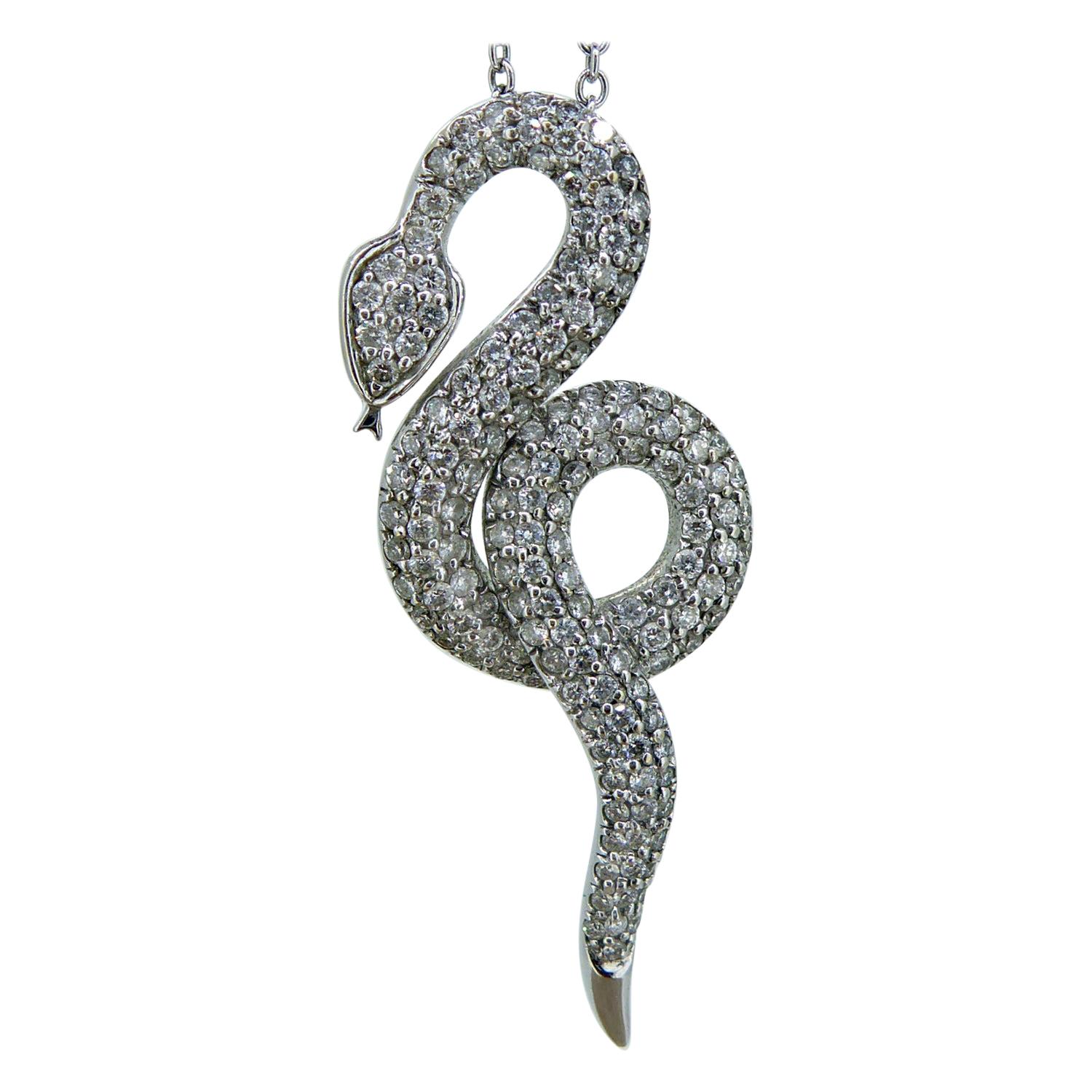 1.30 Carat Diamond Pendant, White Gold Pave Set Snake, White Gold Chain ...