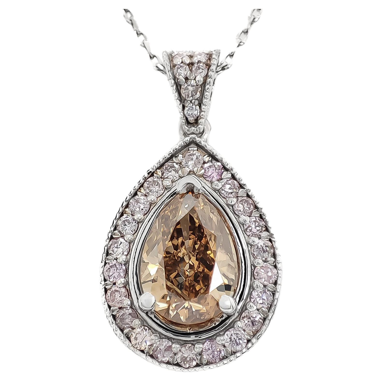 1.30Ctw Fancy Brownish Yellow and Pink Diamonds 14kt White Gold Pendant ...