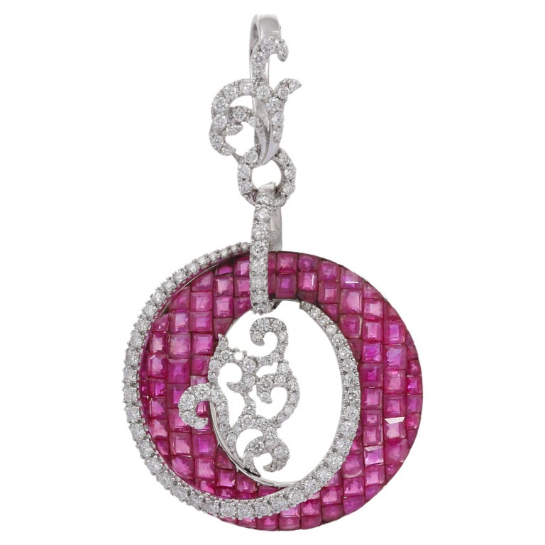 13.09 Carat Ruby and Diamond Circle Pendant in 18K White Gold For Sale ...