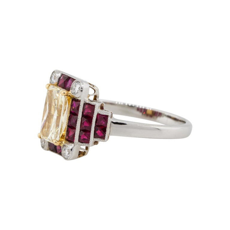 1.31 Carat Rectangle Shape Diamond Center Ring with Rubies Platinum in ...