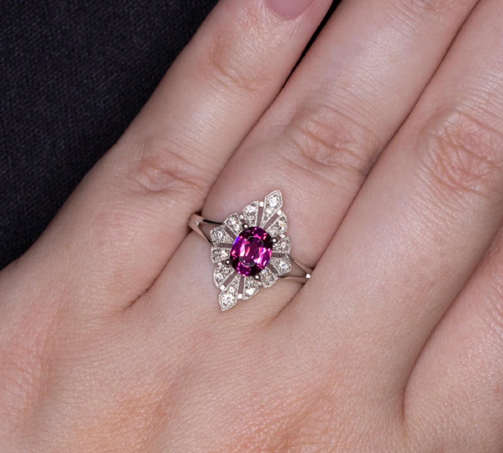1.32 Carat Vivid Pink Rhodolite White Diamond Cocktail Ring For Sale at ...