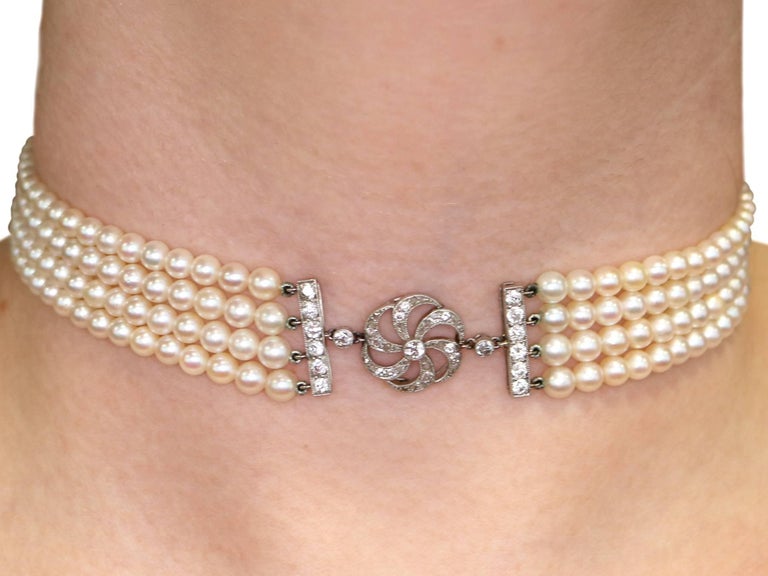 Antique 1.32 Carat Diamond Four Strand Pearl Choker Platinum Feature ...