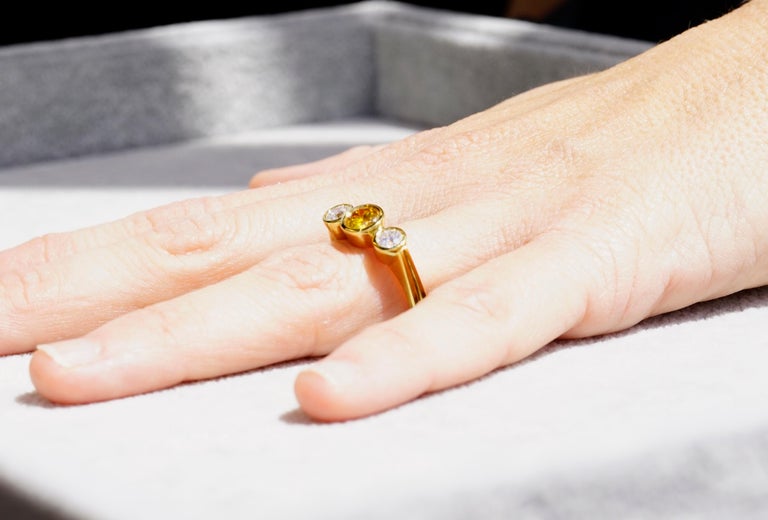Hofer Certified 1.34 Carats Fancy "Amber Yellow" Three Stone Ring For ...