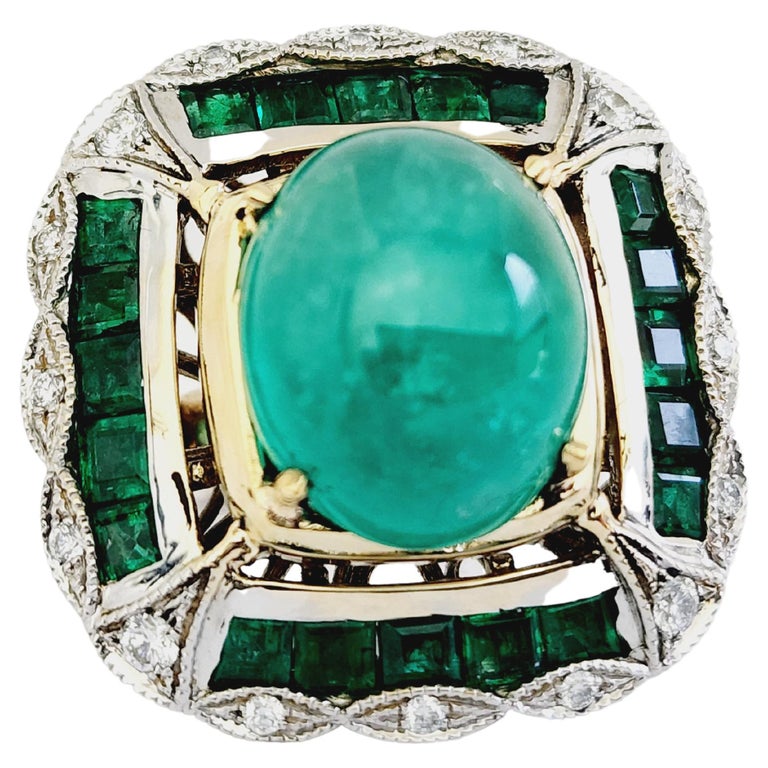 Colombian Cabochon Natural Emerald White Gold Diamond Ring 18 Karat For ...