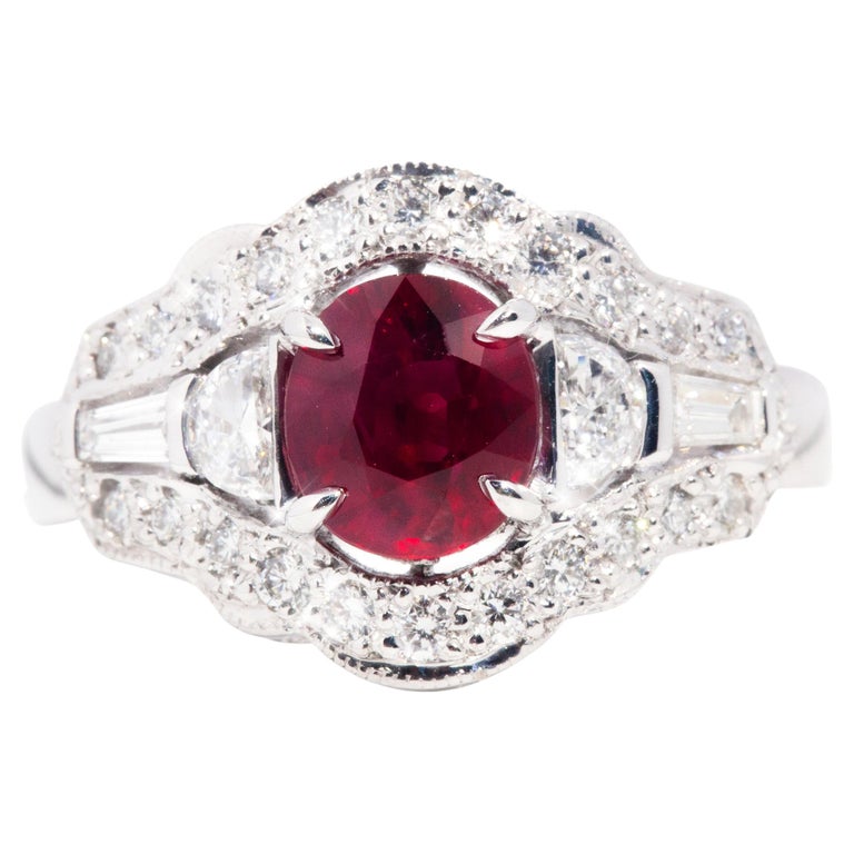 1.35 Carat Oval Red Ruby and Diamond Contemporary 18 Carat Gold Cluster ...