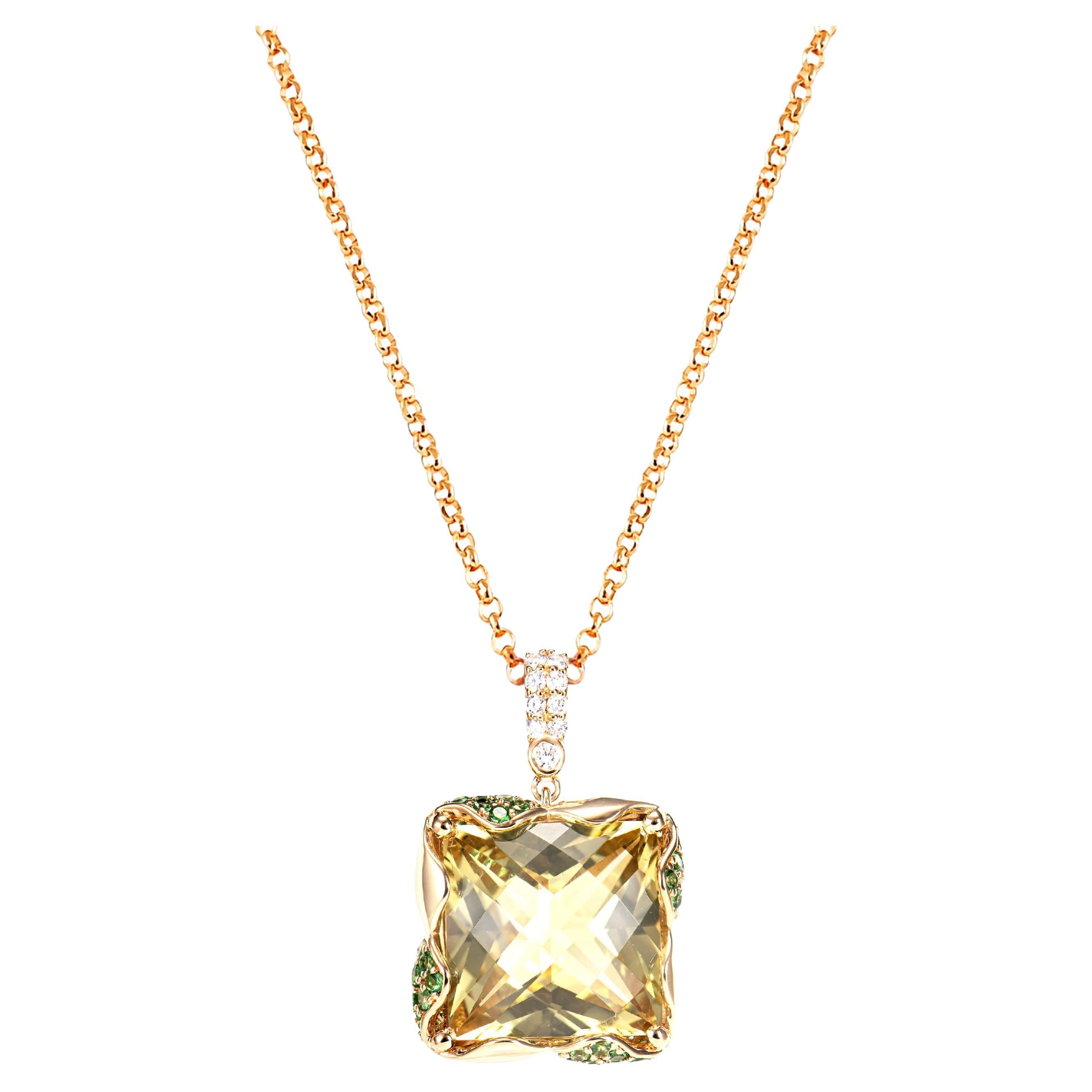 13.62 Carat Lemon Quartz Pendant in 18KYG with Tsavorite and White ...