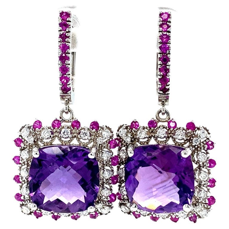 13.69 Carat Amethyst Sapphire and Diamond White Gold Drop Earrings For ...
