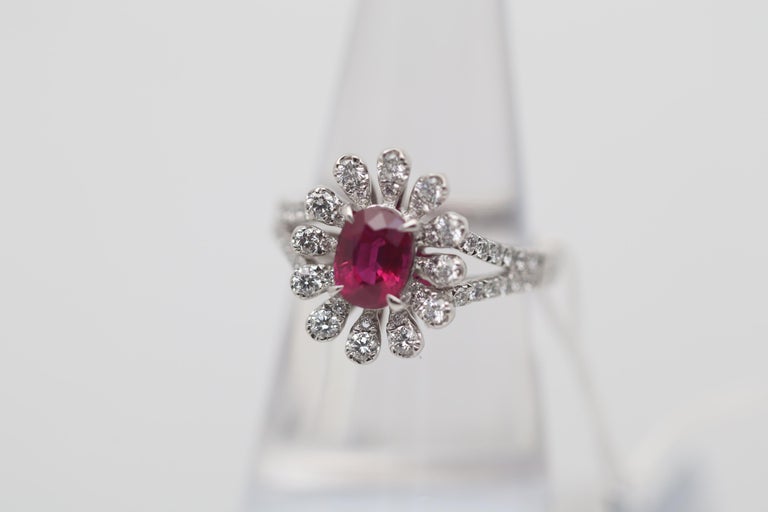1.37 Carat Burmese Ruby Diamond Platinum Flower Ring, GIA Certified For ...