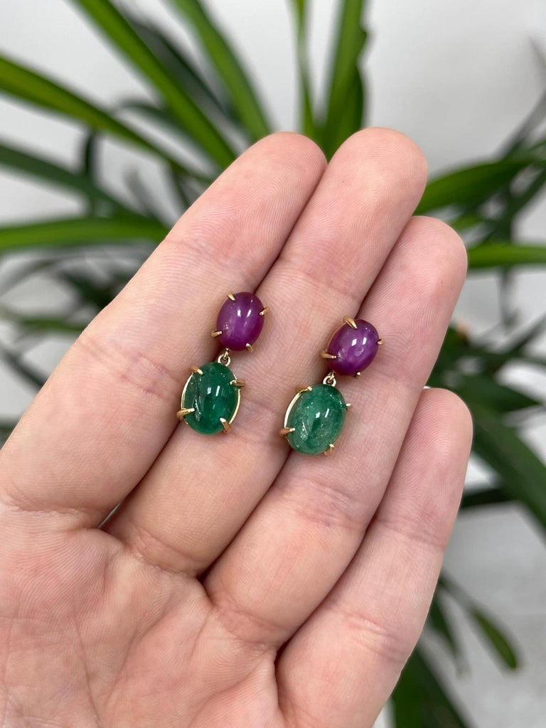 13.82tcw Natural Emerald Cabochon and 6-Ray Star Ruby Dangle Earrings ...