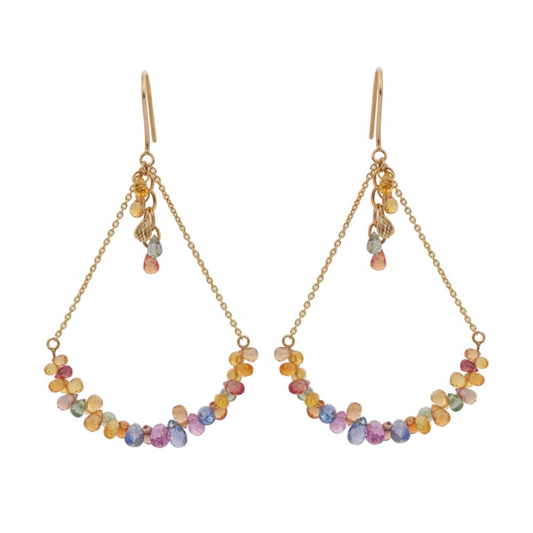13.96 Ct Multi Sapphire Bead Dangle Earring in 18K Yellow Gold For Sale ...