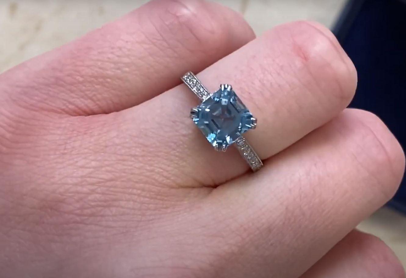 1.39ct Asscher Cut Aquamarine Engagement Ring, Platinum For Sale at 1stDibs