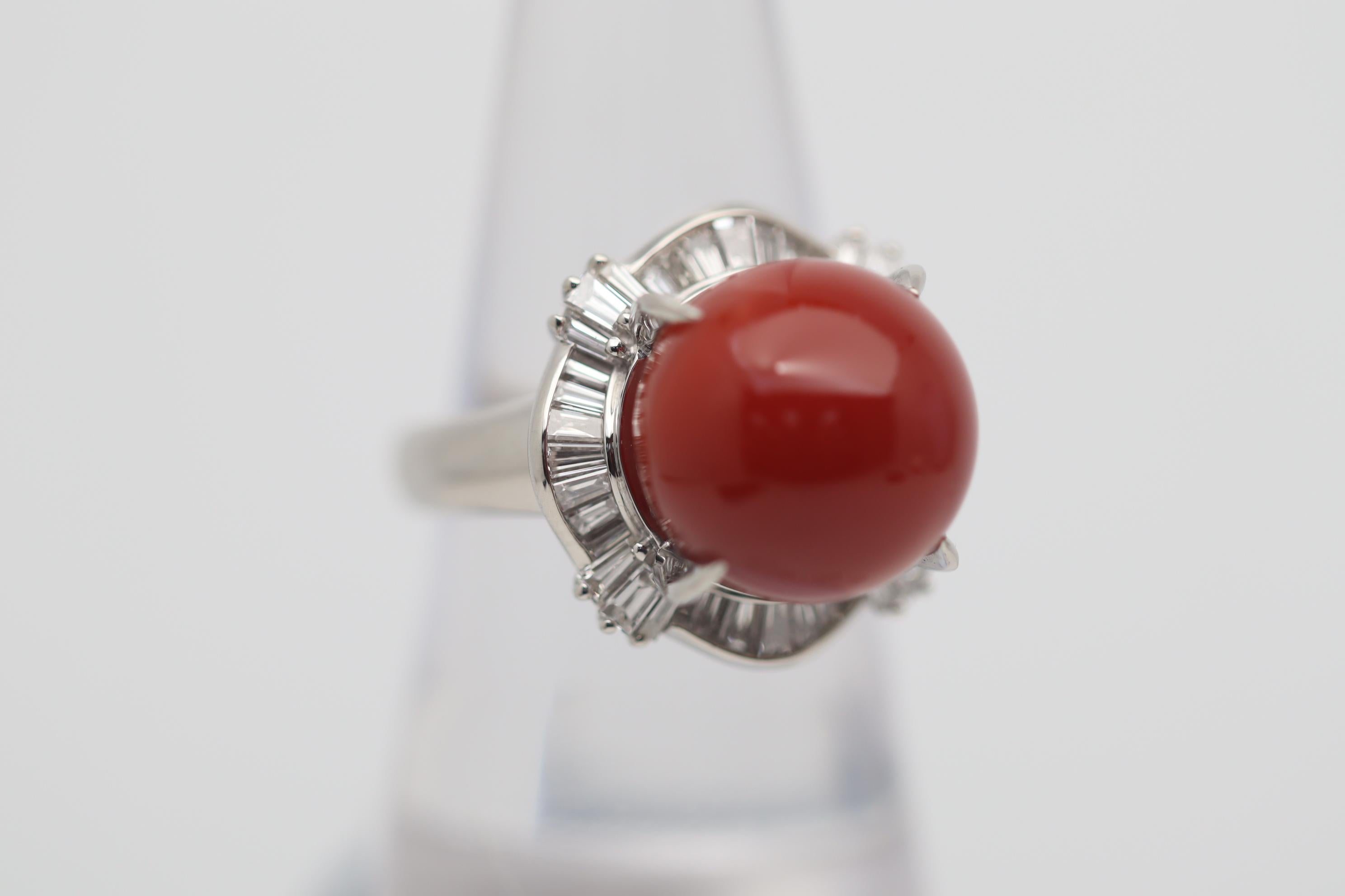 Red Coral Diamond Platinum Ring at 1stDibs