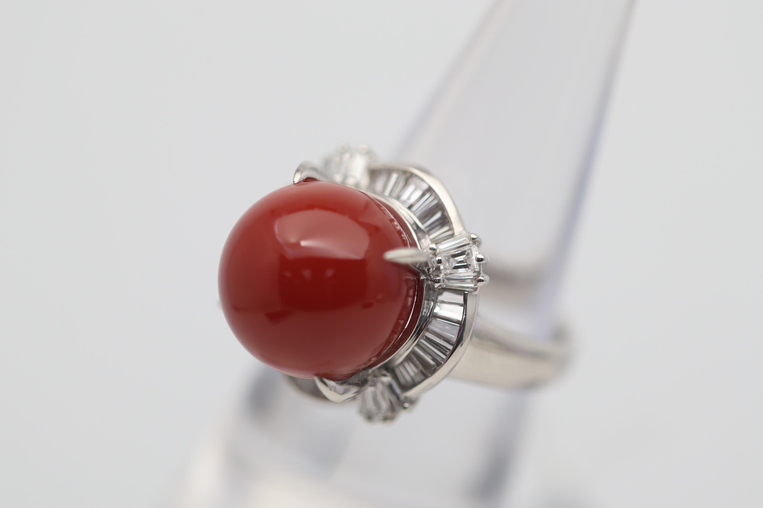 Red Coral Diamond Platinum Ring at 1stDibs