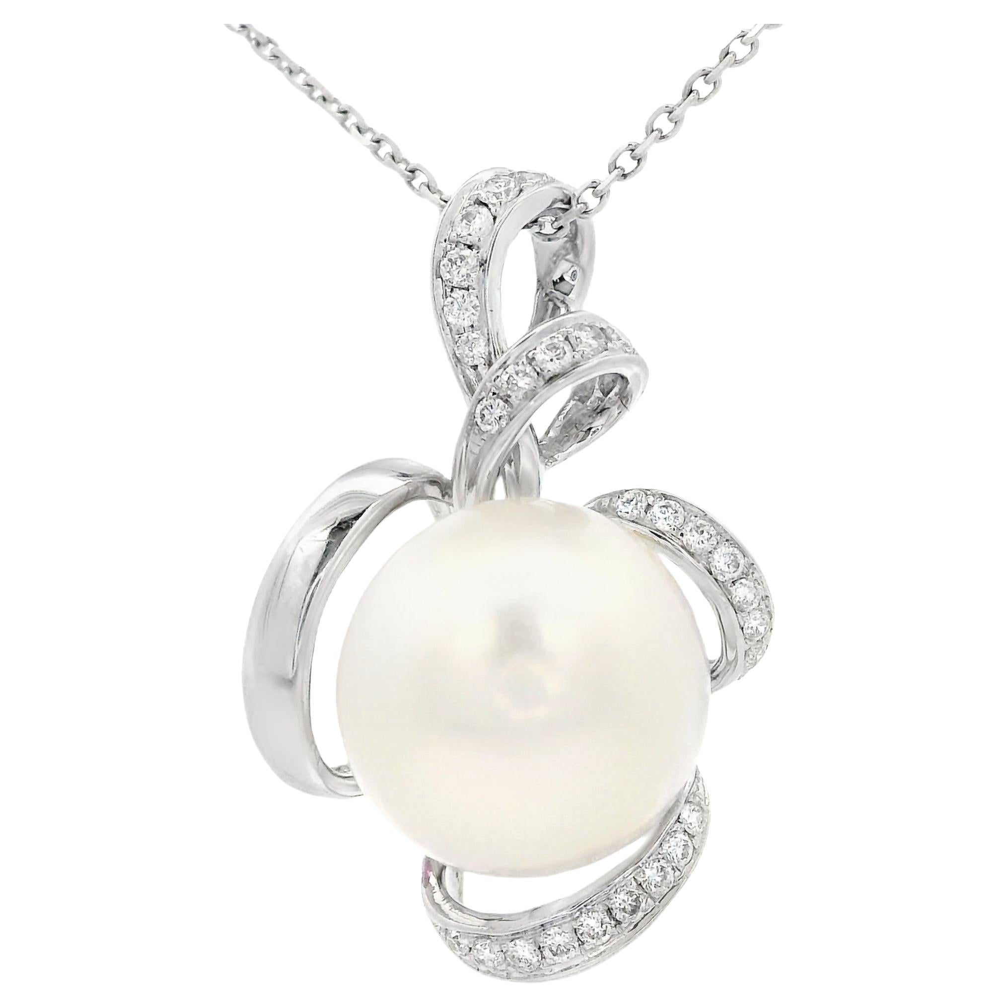 18K White Gold South Sea Pearl Diamond Pendant Necklace Italian 0.15 ...
