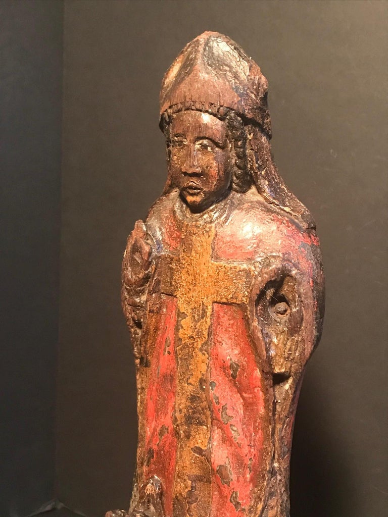 13th Century Romanesque Wood Carved Sculpture Group, Bishop Saint with ...
