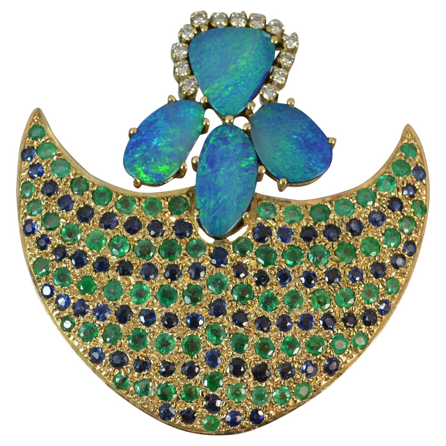 14 Carat Gold Sapphire Emerald Opal Diamond Brooch For Sale at 1stDibs