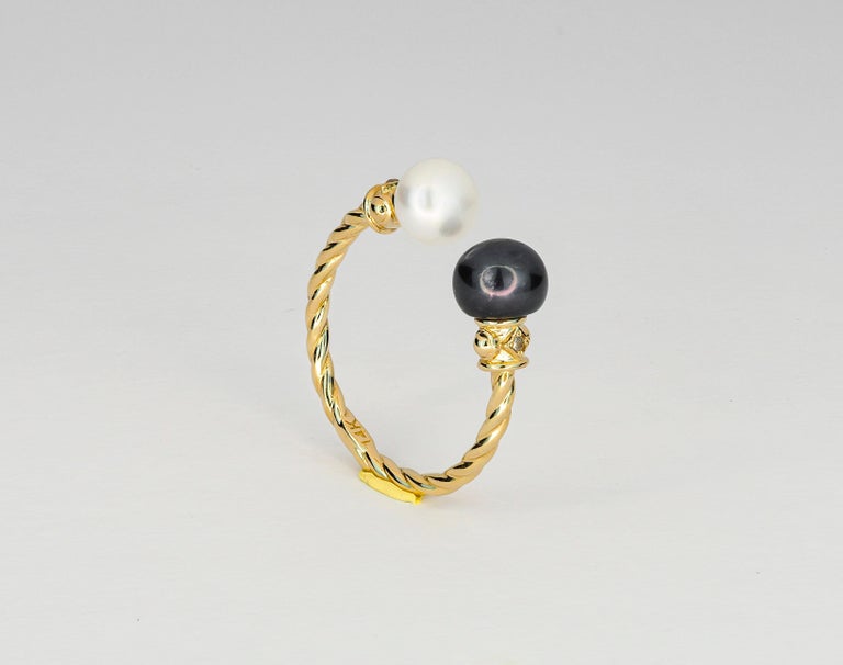 14 Gold Open Ended Ring with 2 Pearls Black and White and Diamonds For ...