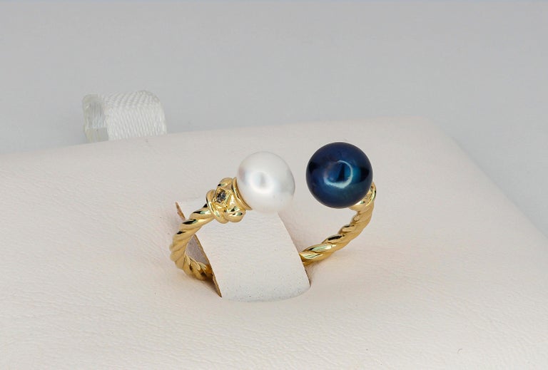Customizable 14 Gold Open Ended Ring with 2 Pearls Black and White and ...