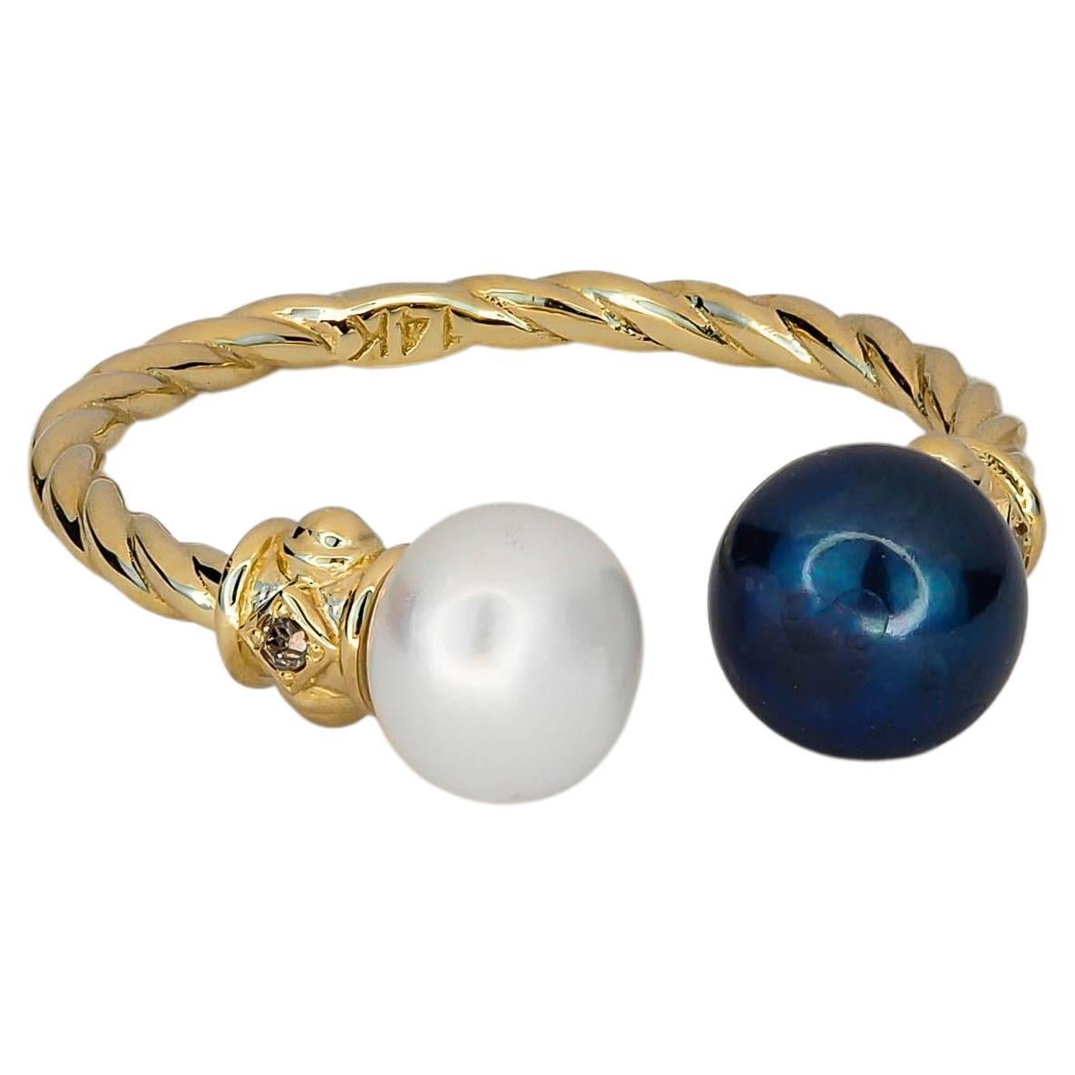 14 Gold Open Ended Ring with 2 Pearls Black and White and Diamonds For ...
