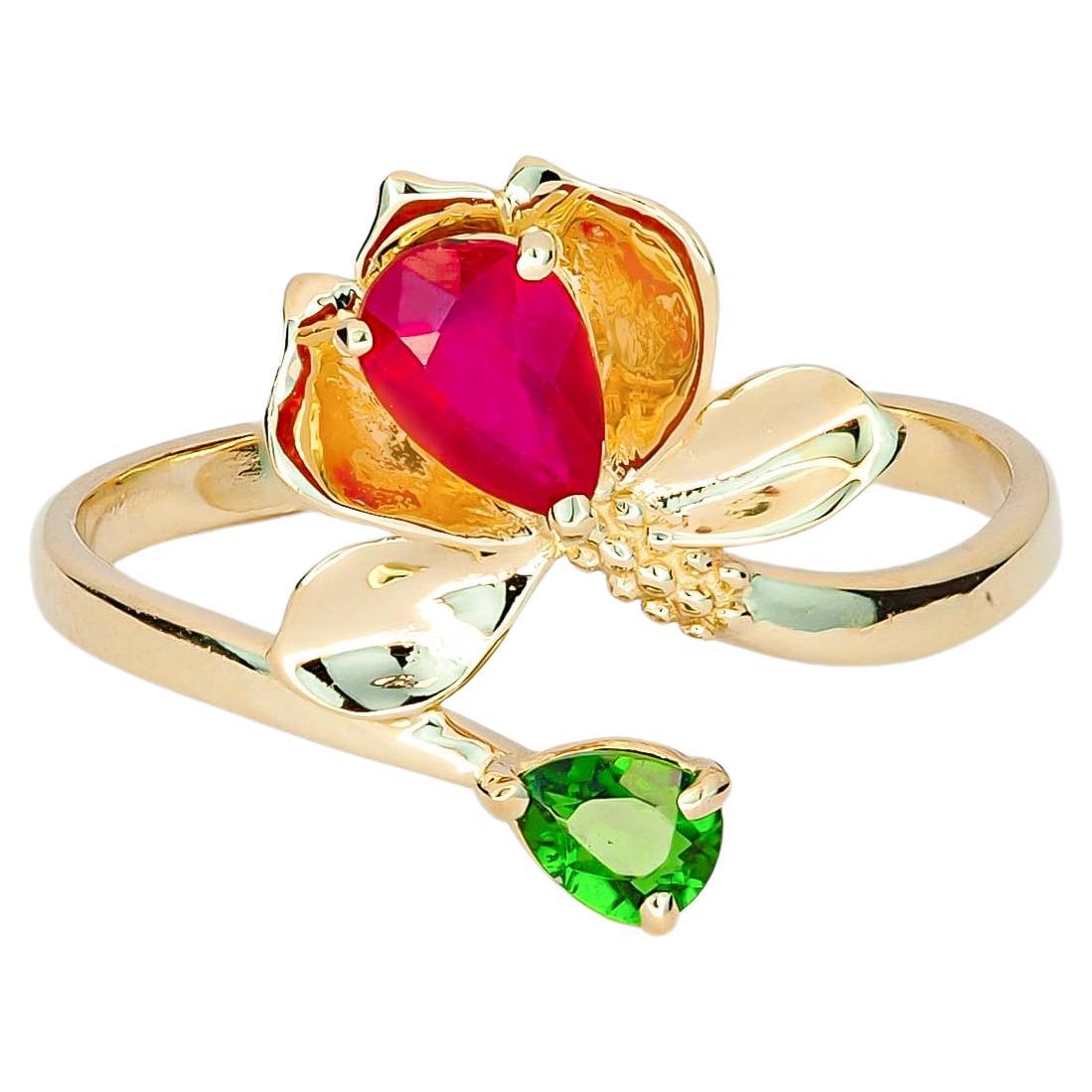 14 K Gold Ring with Ruby and Chrome Diopside. Water Lily Flower Gold Ring For Sale at 1stDibs