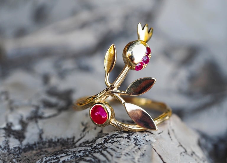 Customizable 14 karat Gold Ring with Ruby, Sapphires. Pomegranate ring. July birthstone ring For ...