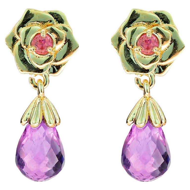 14 K Gold Rose Flower Earrings Studs with Amethysts and Sapphires For ...