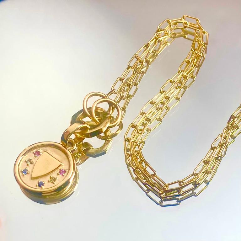 14 Karat and Colored Sapphire Shield Pendant on Link Chain with Charm ...