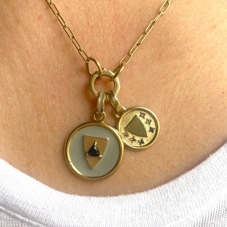 14 Karat and Colored Sapphire Shield Pendant on Link Chain with Charm ...