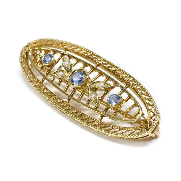 14 Karat Ceylon Sapphire Seed Pearl Brooch For Sale at 1stDibs