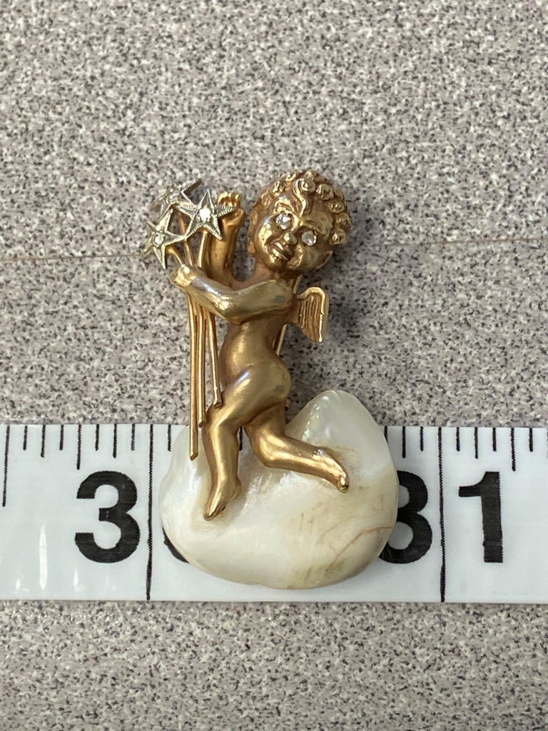 14 Karat Cherub Pin with Diamonds and Mother of Pearl For Sale (Free ...