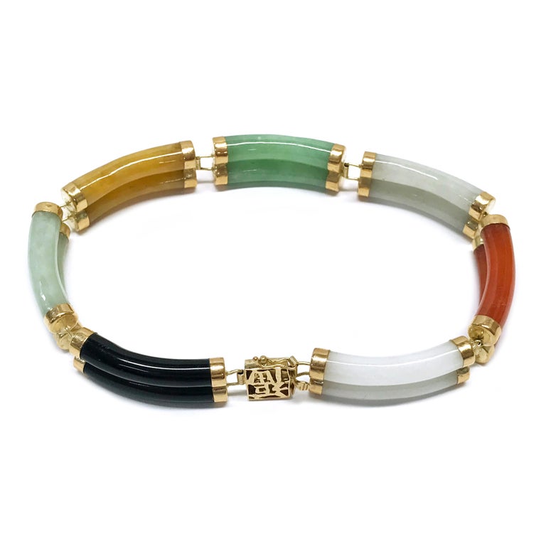 14 Karat Chinese Double-Link Multi-Color Jade Bracelet For Sale at ...