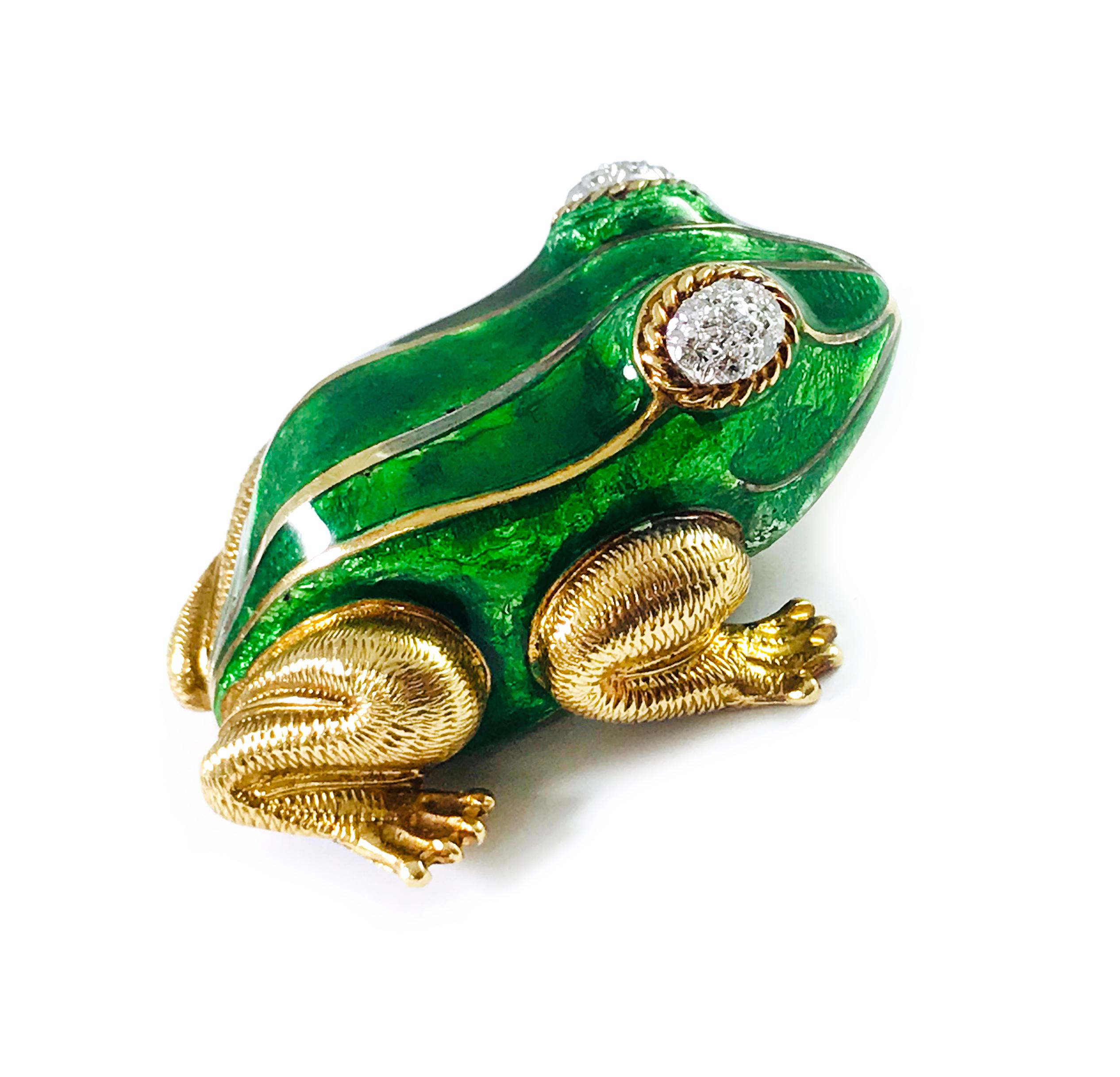 14 Karat Diamond Enamel Frog Brooch at 1stDibs