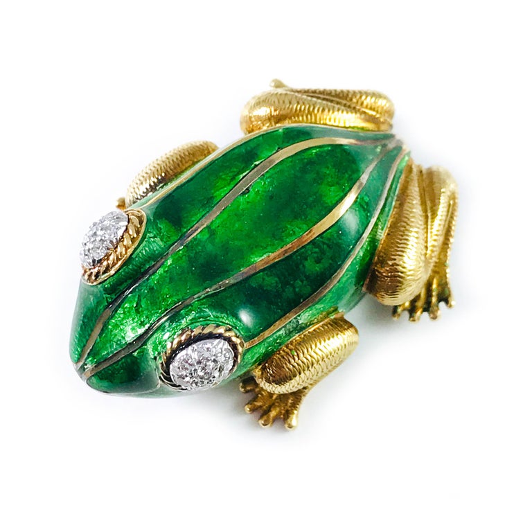 14 Karat Diamond Enamel Frog Brooch at 1stDibs