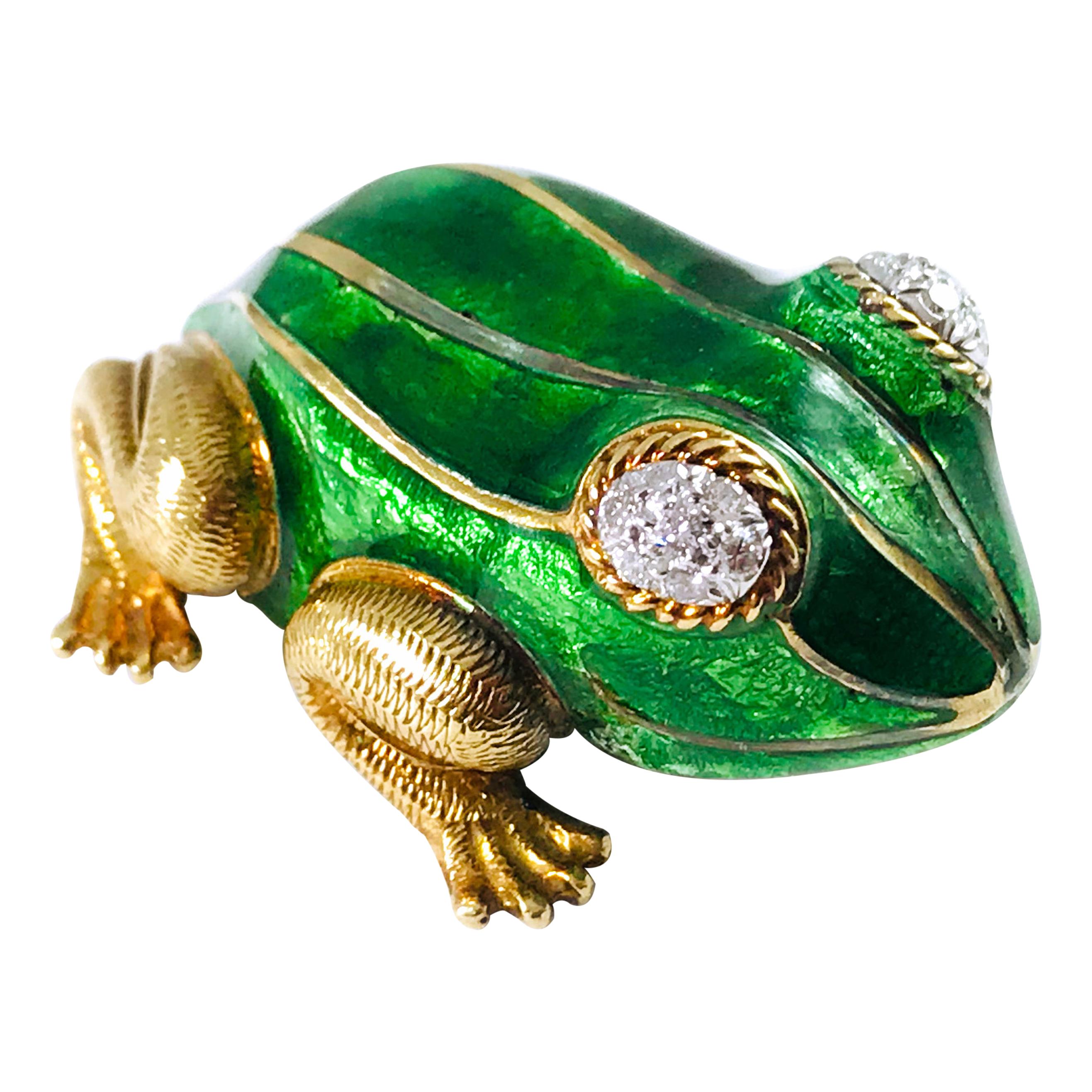 14 Karat Diamond Enamel Frog Brooch at 1stDibs