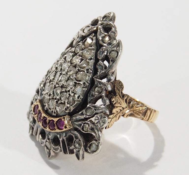 14 Karat Diamond Ruby Shield Ring White Yellow Gold 0.33 Carat For Sale ...