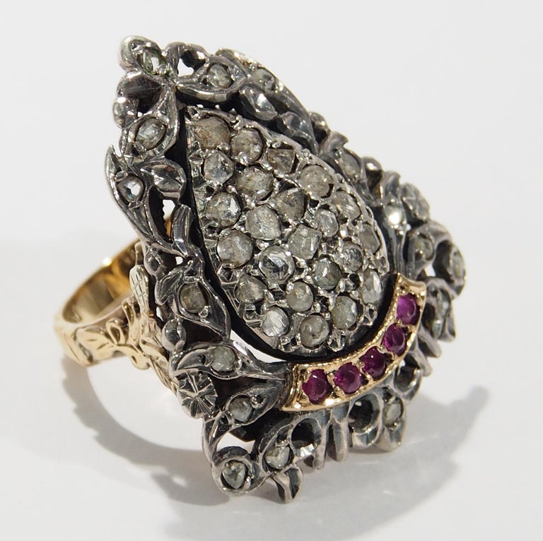 14 Karat Diamond Ruby Shield Ring White Yellow Gold 0.33 Carat For Sale ...