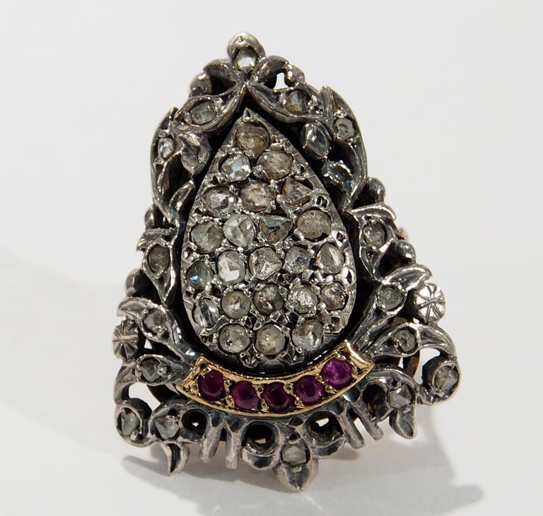 14 Karat Diamond Ruby Shield Ring White Yellow Gold 0.33 Carat For Sale ...