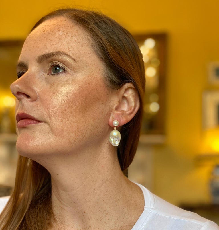14 Karat Double Bubble Golden Baroque Pearl Earrings For Sale at 1stDibs