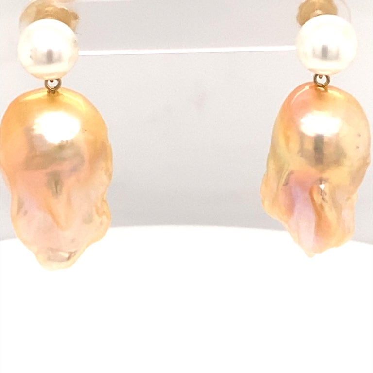 14 Karat Double Bubble Golden Baroque Pearl Earrings For Sale at 1stDibs