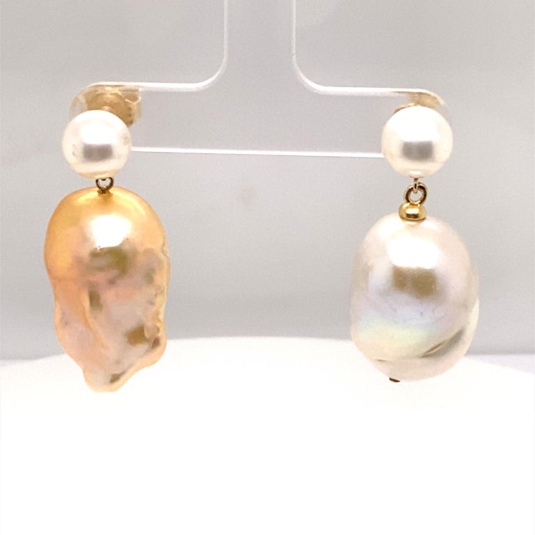 14 Karat Double Bubble Golden Baroque Pearl Earrings For Sale at 1stDibs