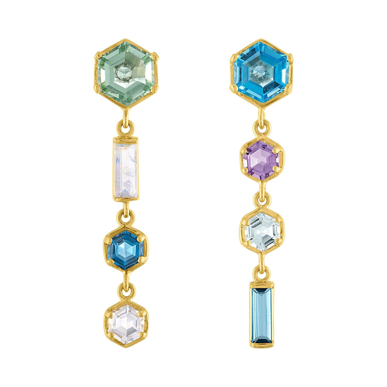 14 Karat Drop Assymetrical Earrings with Multi Colored Hexagons For ...