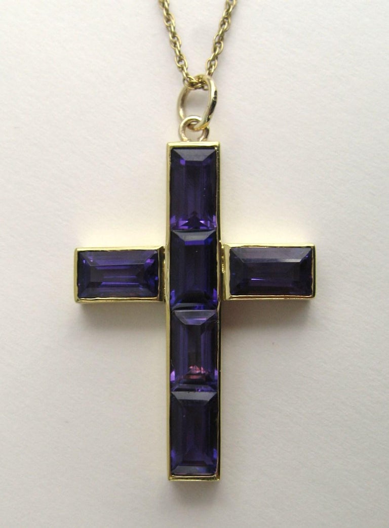 14 Karat Gold Amethyst Channel Set Cross Necklace For Sale at 1stDibs