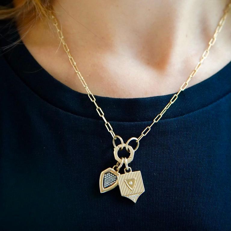 14 Karat Gold and Diamond Ribbed Shield on Link Chain with Charm Holder ...