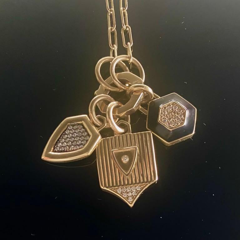 14 Karat Gold and Diamond Ribbed Shield on Link Chain with Charm Holder ...