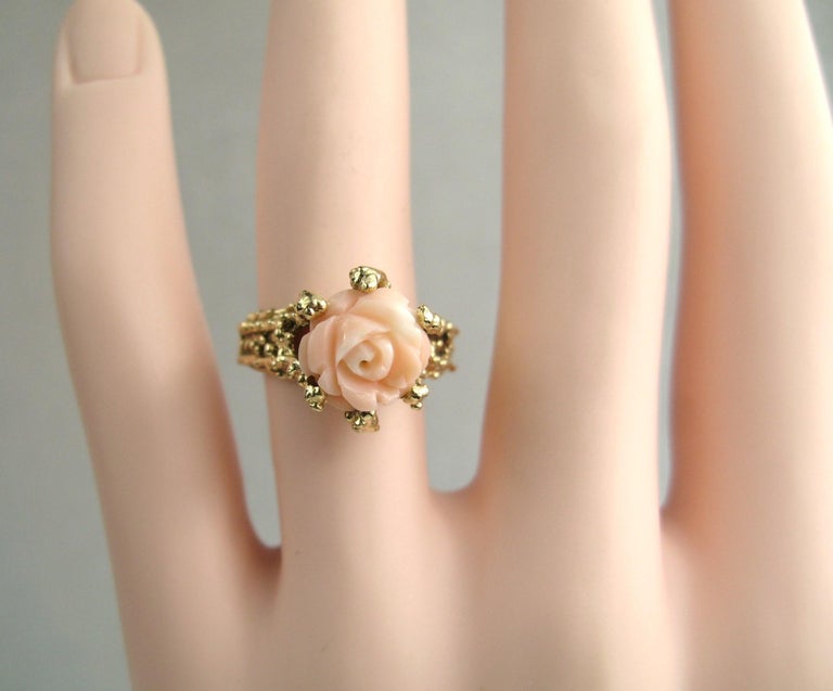 14 Karat Gold Angel Coral Ring Rose Flower Ring For Sale at 1stDibs