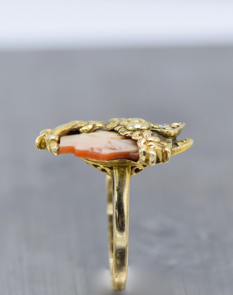 14 Karat Gold Art Nouveau Lady Face Shell Diamond and Ring For Sale at ...