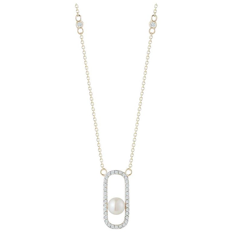 14 Karat Gold Diamond Pearl Track Necklace For Sale at 1stDibs