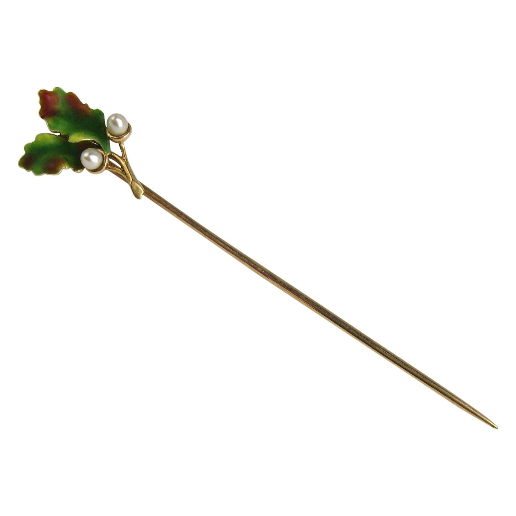 14 Karat Gold Enamel Leaf and Seed Pearl Stick Pin For Sale at 1stDibs