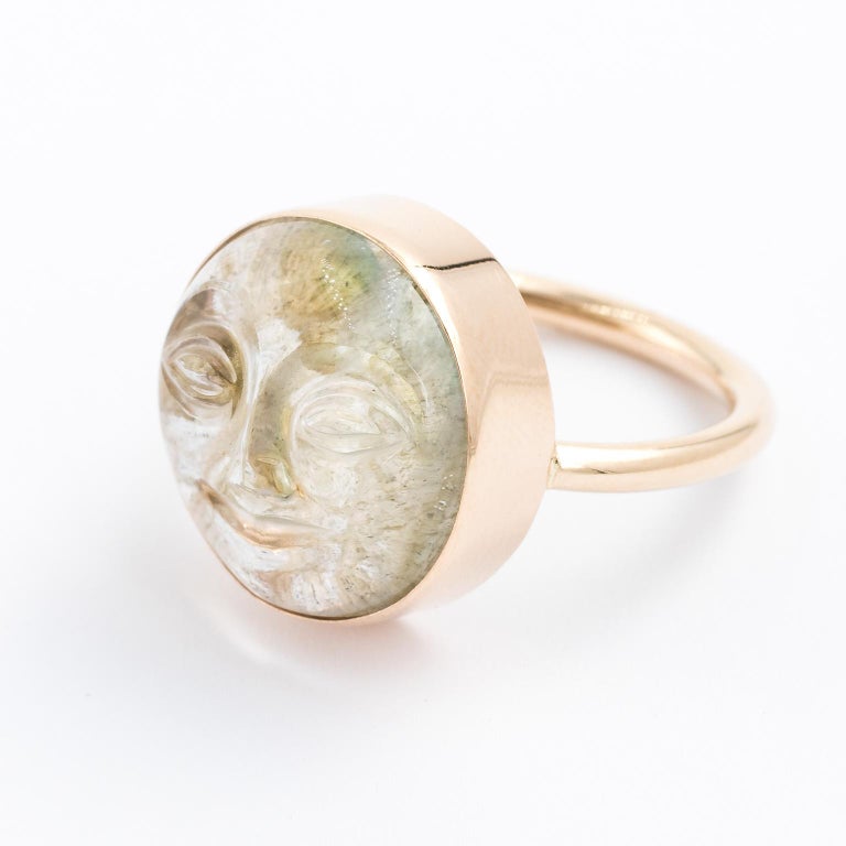 14 Karat Gold Labradorite Hand Carved Moon Face Ring For Sale at ...